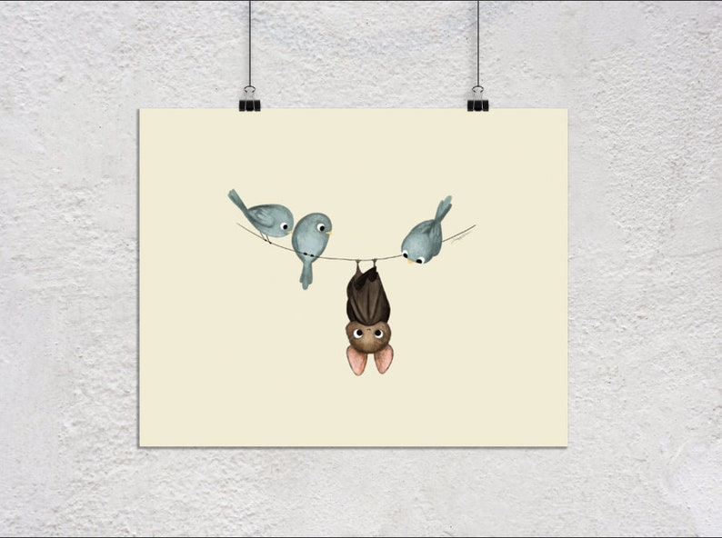Baby Bat Art, Bat Art Print, Spooky Art, Birds on a Line, Halloween Art ...