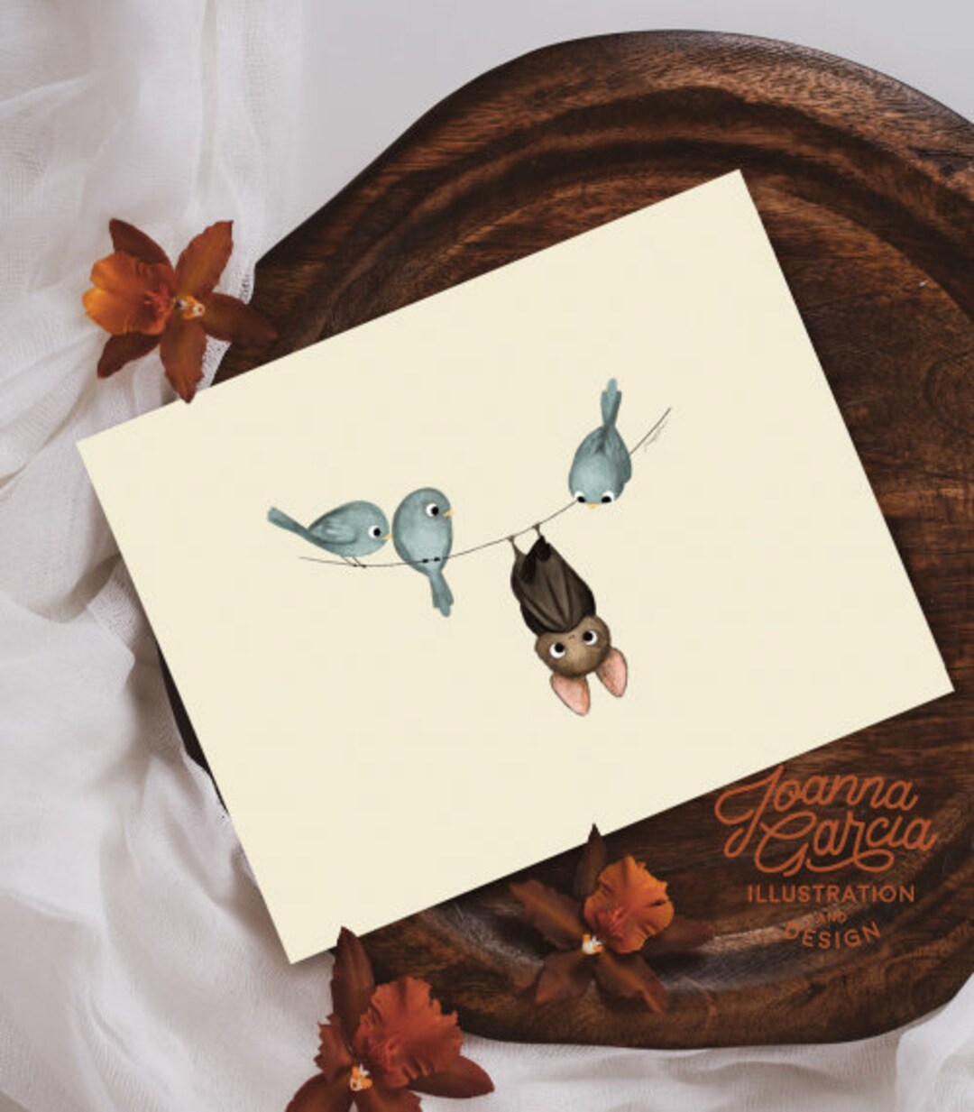 Baby Bat Art, Bat Art Print, Spooky Art, Birds on a Line, Halloween Art ...
