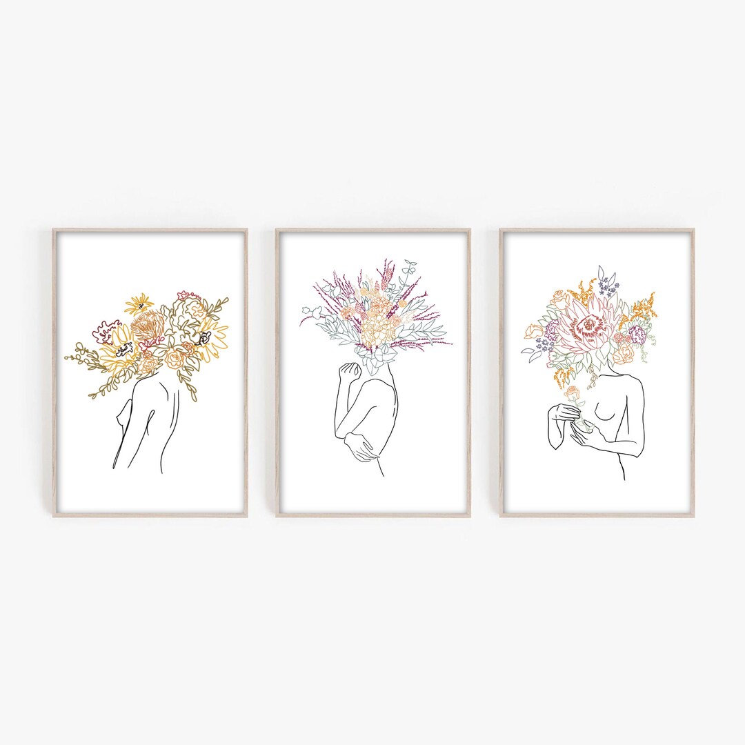 Female Figure Line Art + Boho Floral Digital Print Set (3 Prints) - Etsy