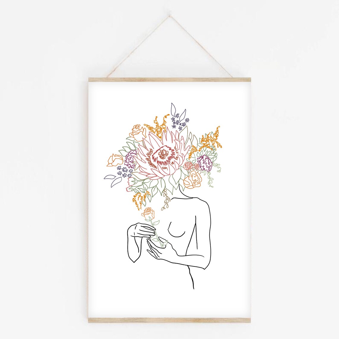 Female Figure Line Art Boho Floral Digital Print Set 3 - Etsy