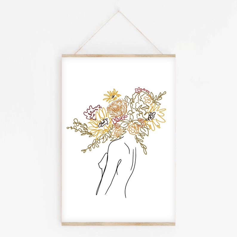 Female Figure Line Art Boho Floral Digital Print Set 3 | Etsy