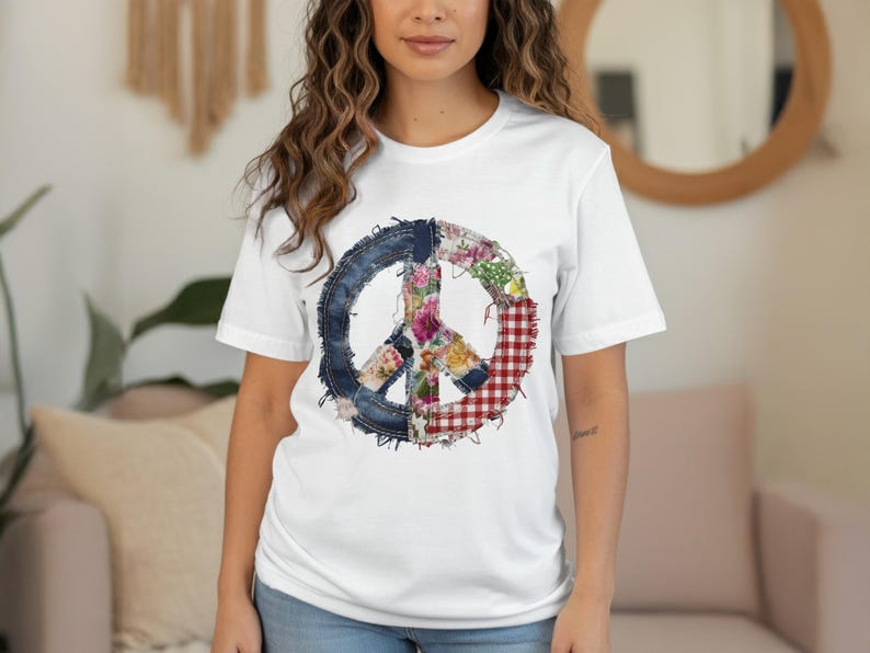 Patchwork Peace Sign PNG, Boho Floral Gingham Retro Sublimation Art ...