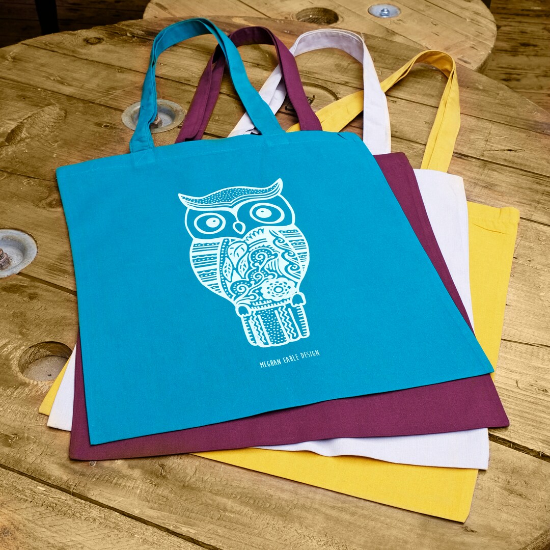 Owl Tote Bag Hand Designed Cotton Washable Doodle Bird Aztec Teal Grey ...