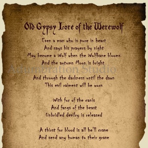Old Gypsy Lore of the Werewolf Parchment Print, Gypsy Poem Even a Man ...