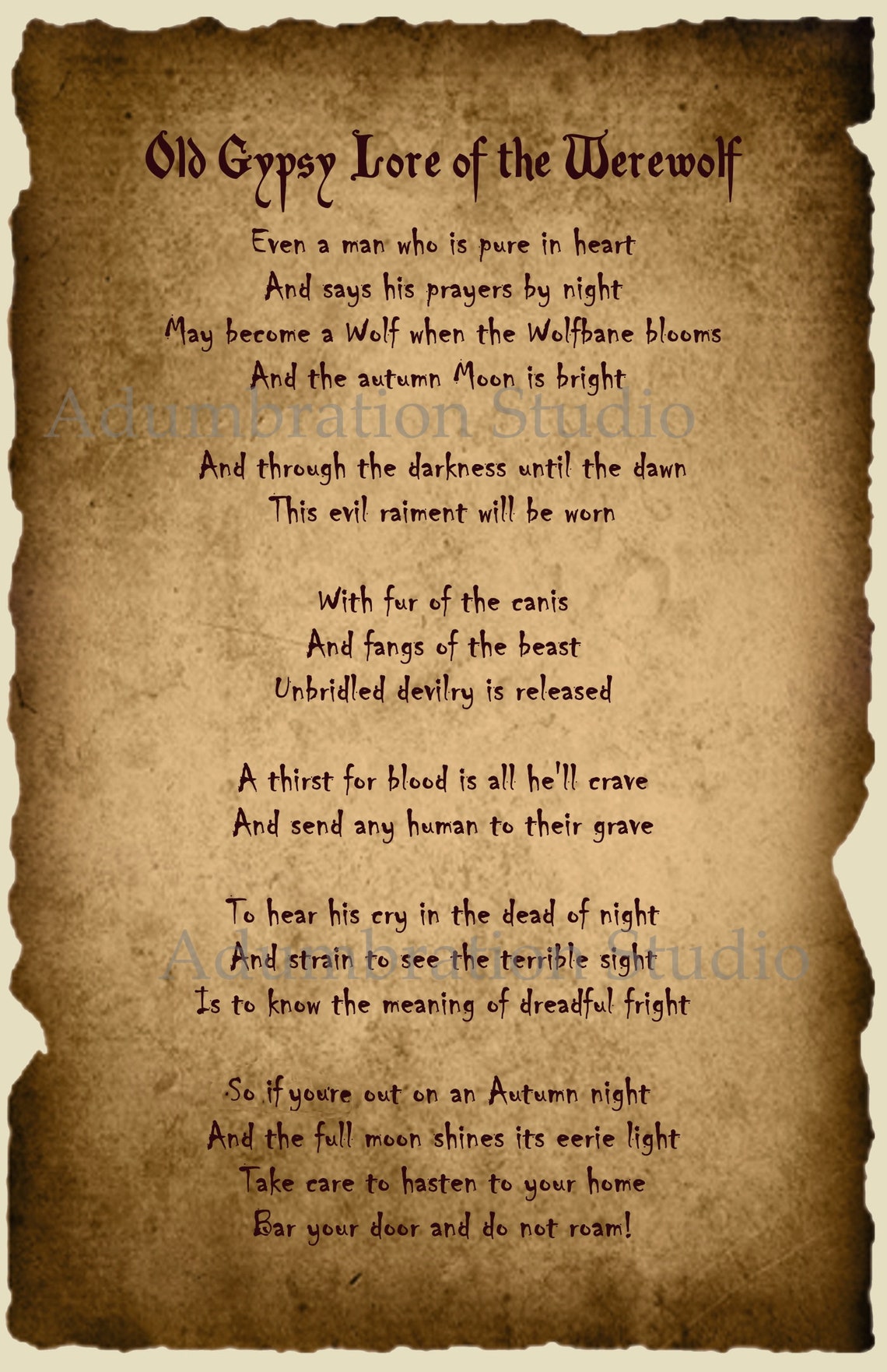 Old Gypsy Lore of the Werewolf Parchment Print, Gypsy Poem Even a Man ...