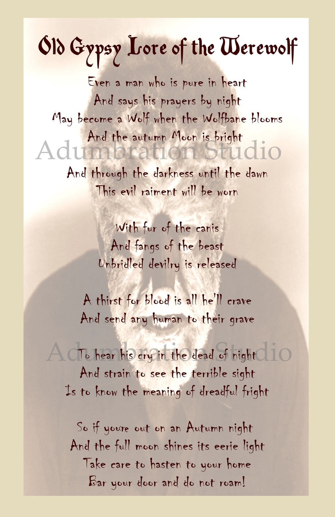 Old Gypsy Lore of the Werewolf - Wolfman Print Gypsy Poem Even a Man Who is Pure in Heart, Lon ...