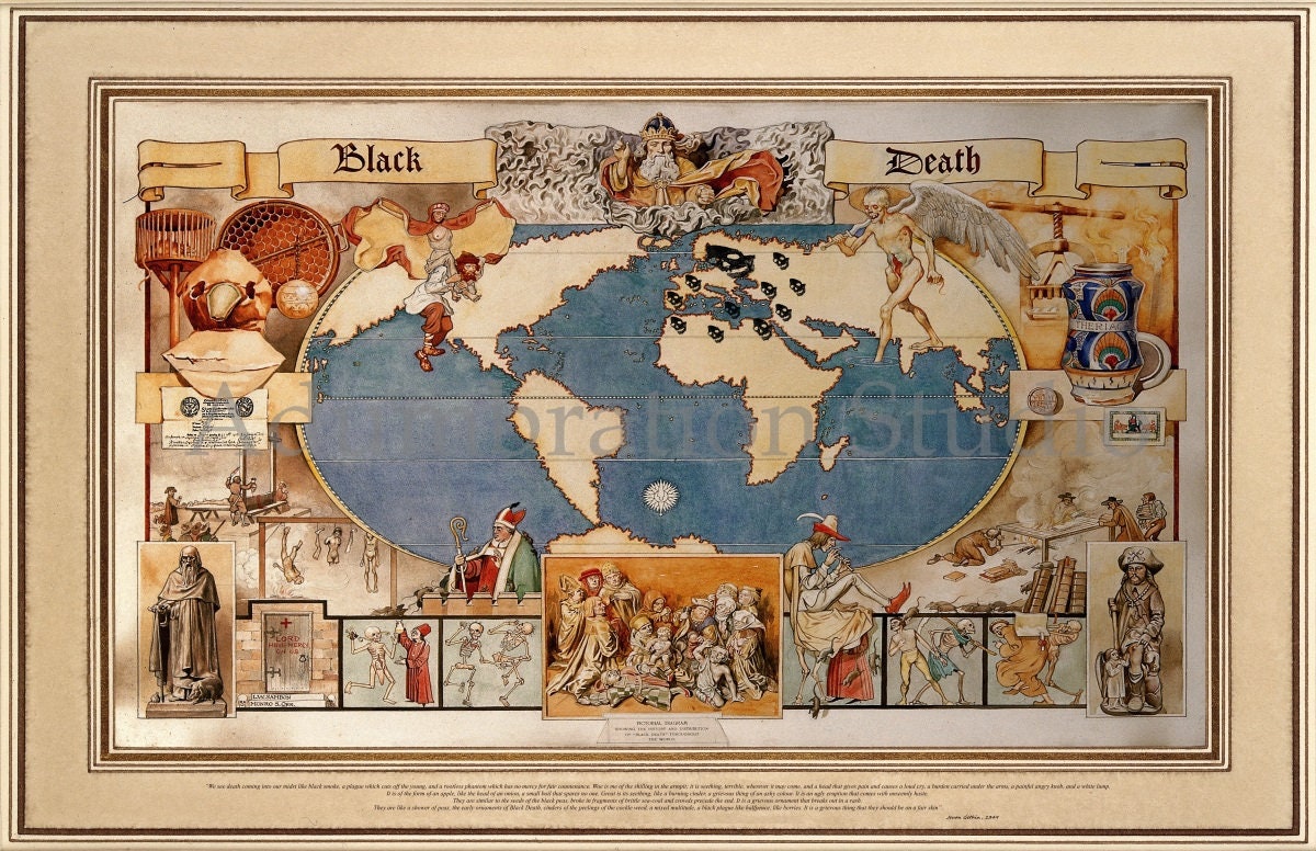 Map of the Black Death Vignette Print, Jeuan Gethin, the Black Plague ...
