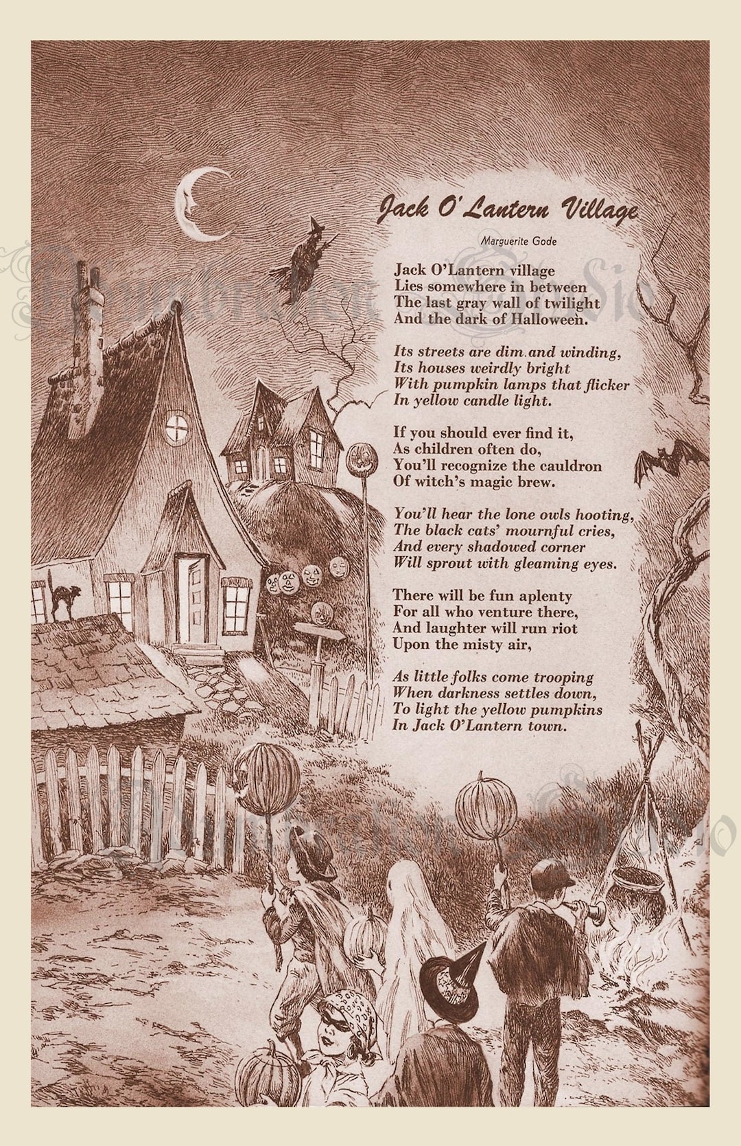 Jack O'lantern Village, Marguerite Gode Poem, Vintage 1920s Halloween ...