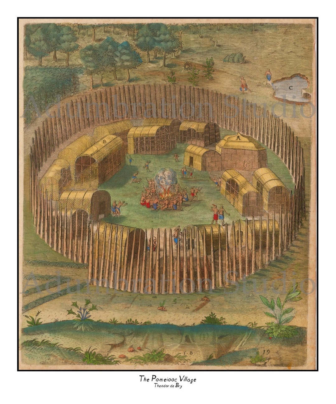 The Pomeiooc Village, by Theodore De Bry, Circa 1588, Roanoke Indian ...
