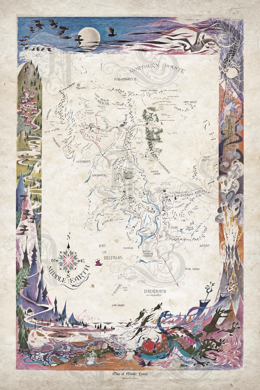 Middle Earth Map, by J.R.R. Tolkien, the Lord of the Rings, the Hobbit ...