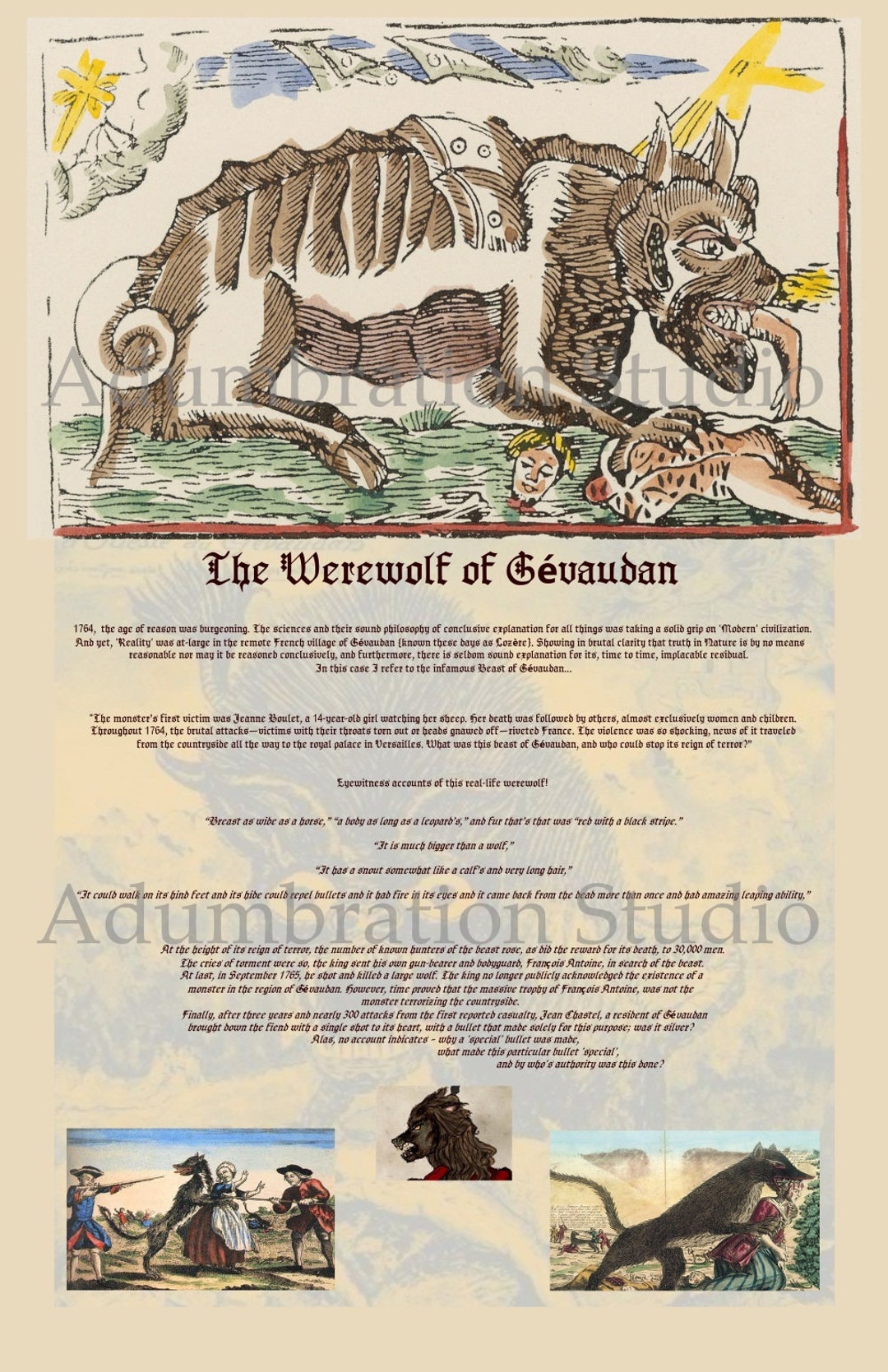 The Werewolf of Gévaudan Vignette Print, Ca. 1764, Account of an Actual ...