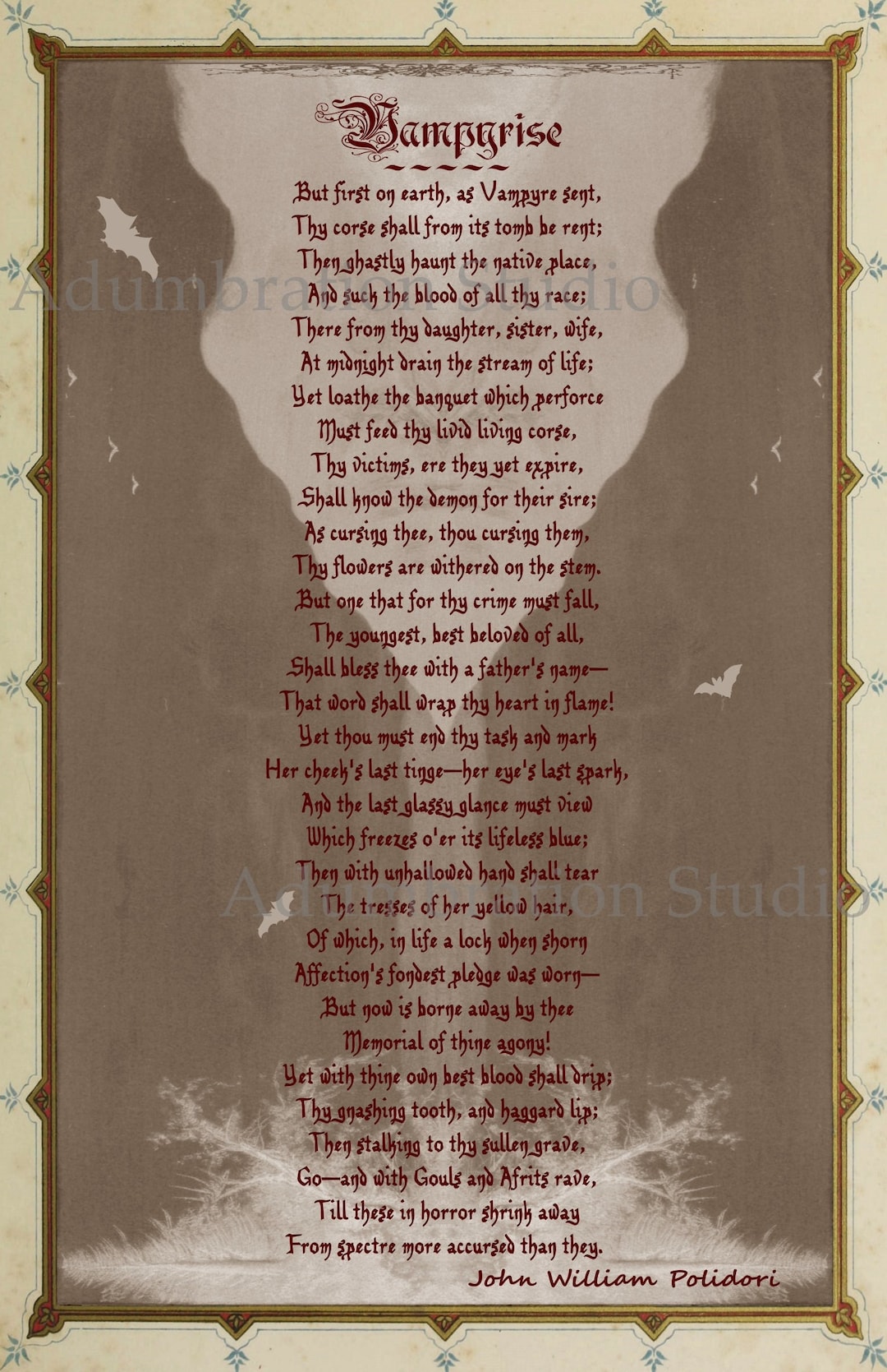 Vampyrise, Poem by John William Polidori, Vampyre, Vampire Poem Print ...