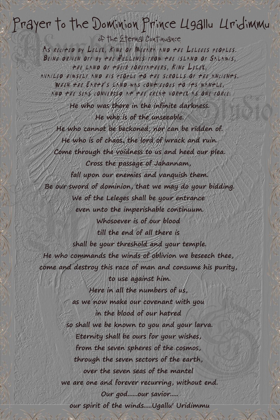 Prayer to the Dominion Prince Ugallu' Uridimmu, Mesopotamian Folklore ...