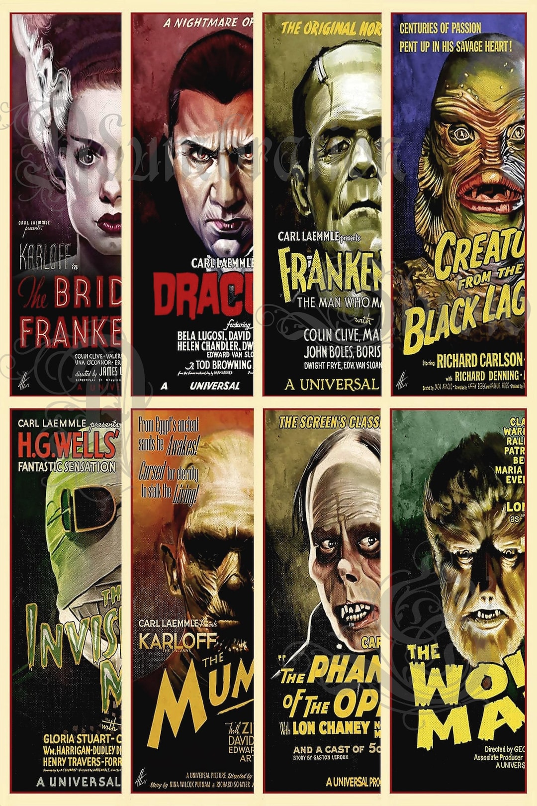 Classic Universal Monsters, the Bride, Dracula, Wolf Man, Frankenstein, Mummy, the Creature ...