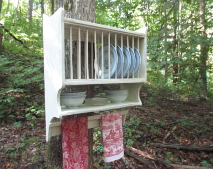 Farmhouse Plate Rack With Primitive Towel Rung, Hanging Plate Rack ...