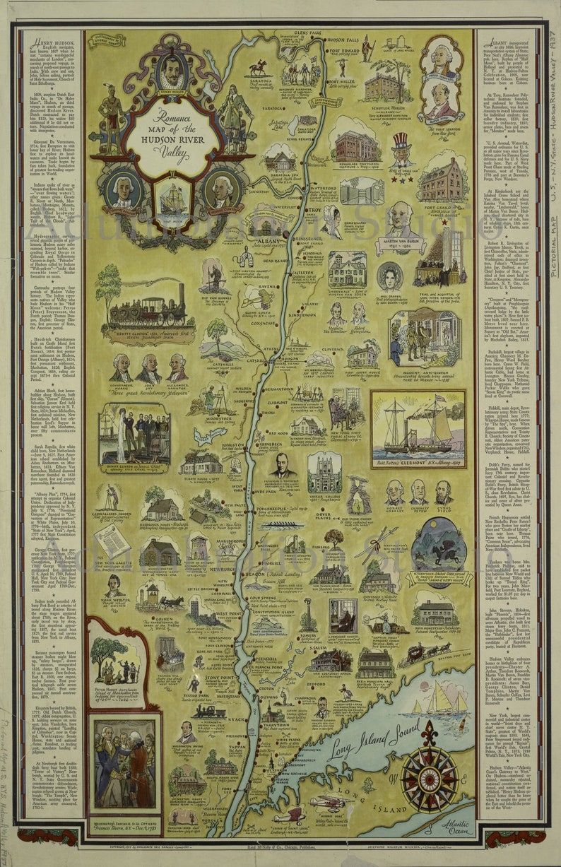 Romance Map of the Hudson River Valley New York, 1937, History Map ...