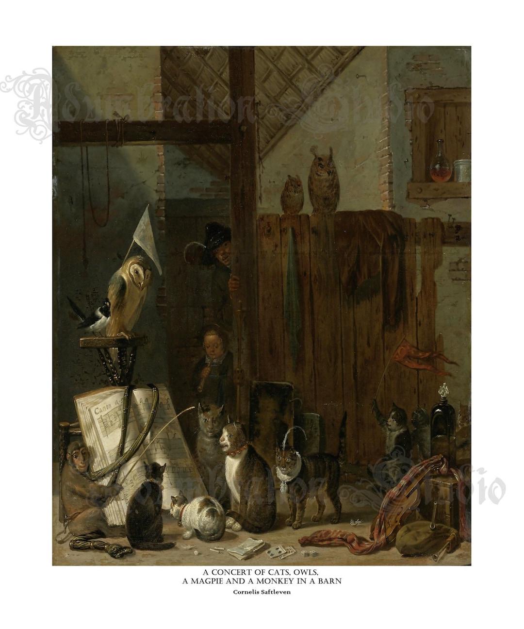 A Concert of Cats, Owls, A Magpie and A Monkey in A Barn, by Cornelis ...