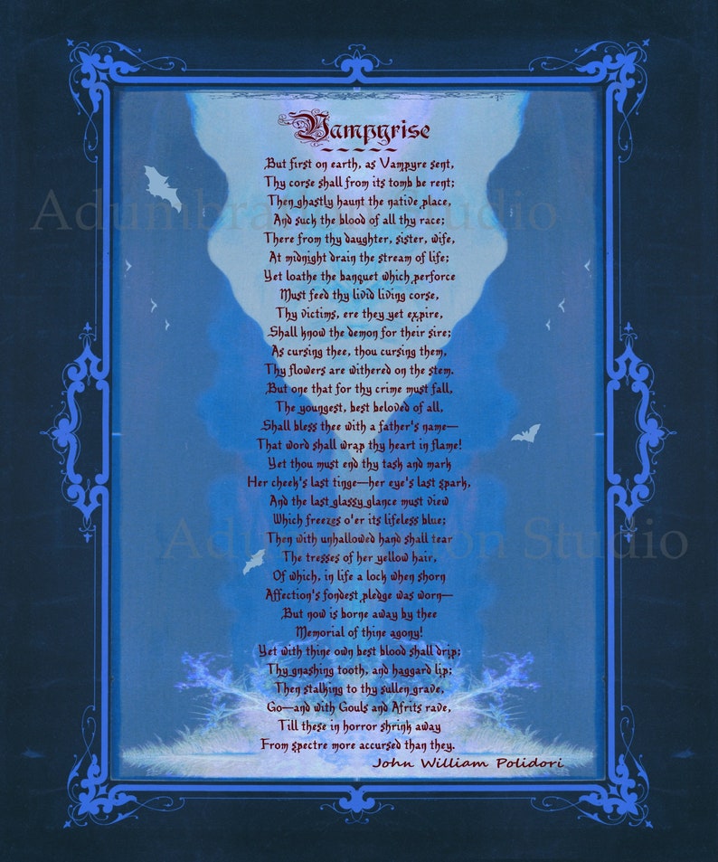 Vampyrise, Poem by John William Polidori, Vampyre, Vampire Poem Print ...