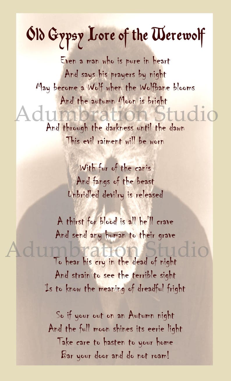 Old Gypsy Lore of the Werewolf Wolfman Print Gypsy Poem Even | Etsy