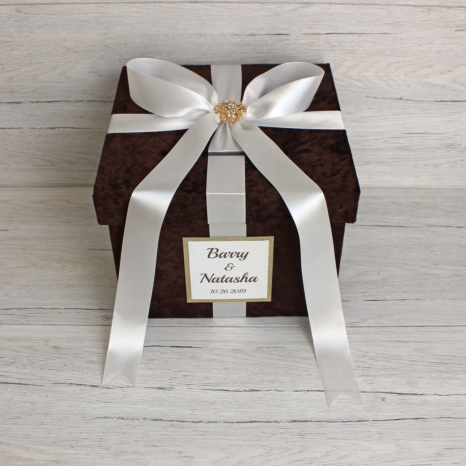 Personalized Brown Velvet Wedding Card Box With Ivory Ribbon - Etsy