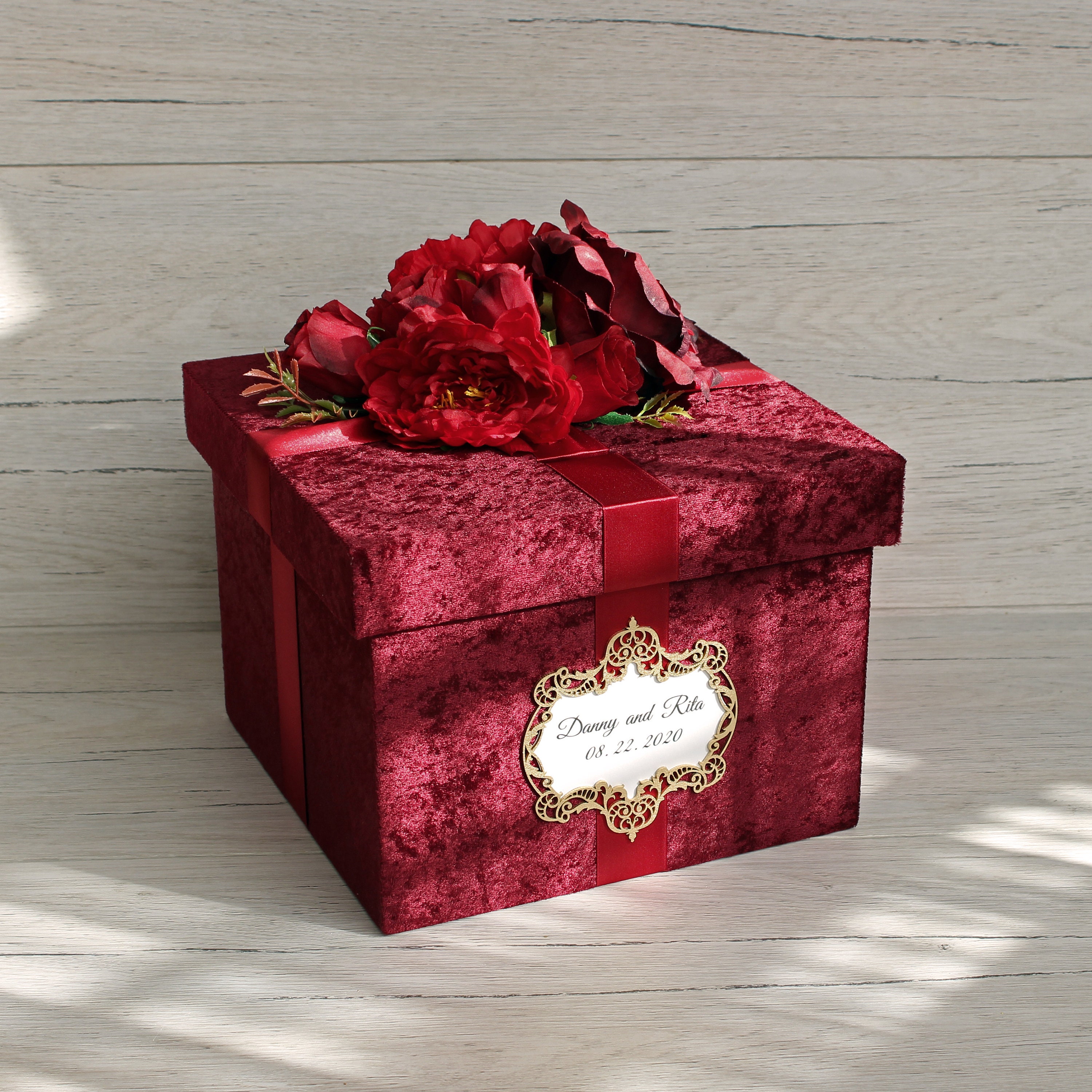 Personalized Red Velvet Wedding Card Box With Roses - Etsy