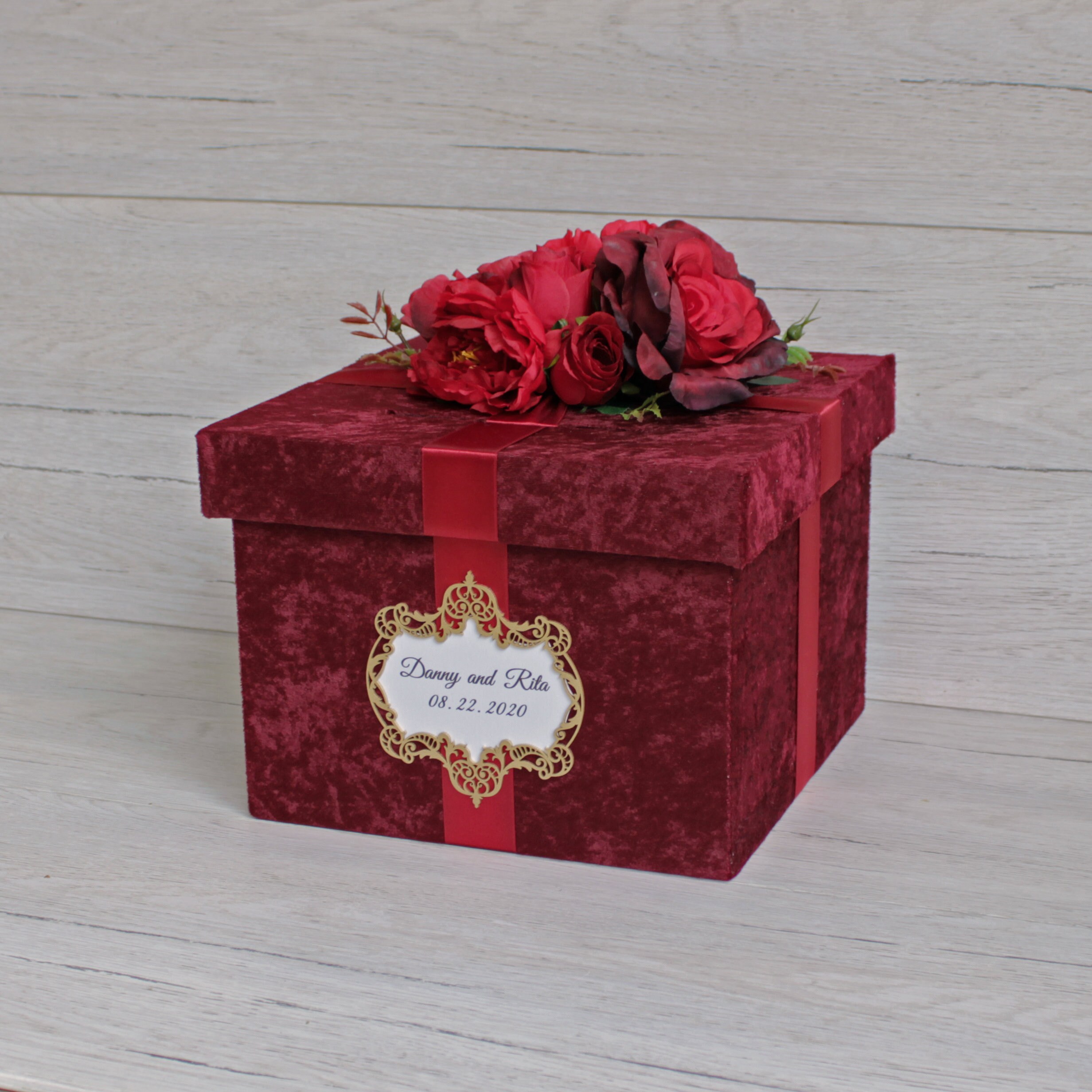 Personalized Red Velvet Wedding Card Box With Roses - Etsy