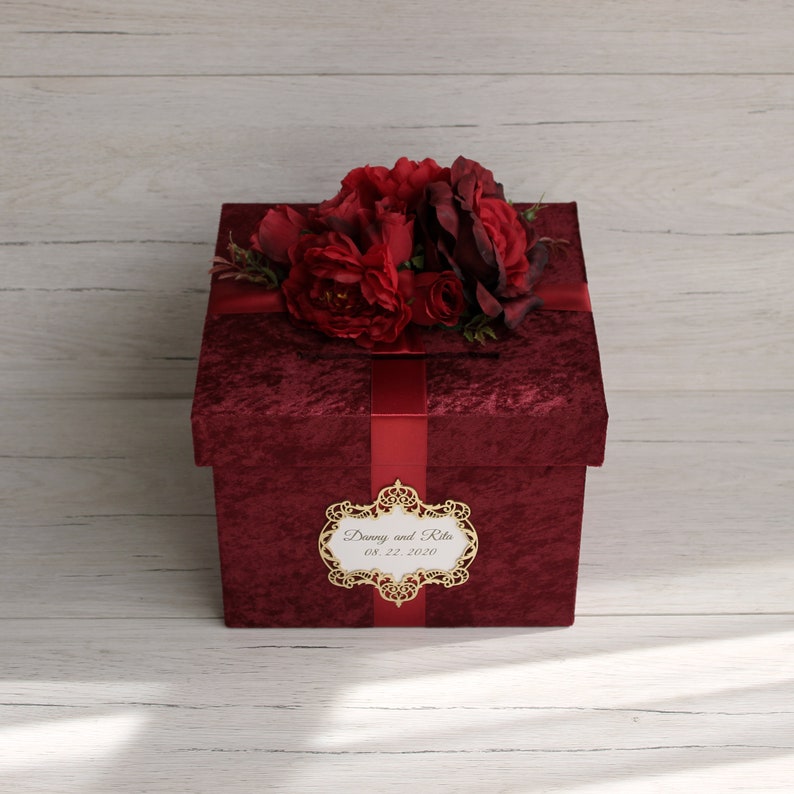 Personalized Red Velvet Wedding Card Box With Roses - Etsy