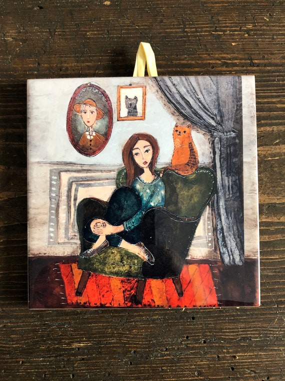 Ceramic Tile Girl in an Armchair With a Cat Childroom Art | Etsy