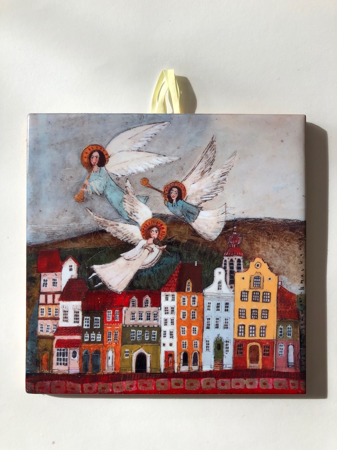 Ceramic Tile, Three Angels Over the City, Childroom, Art Painting ...