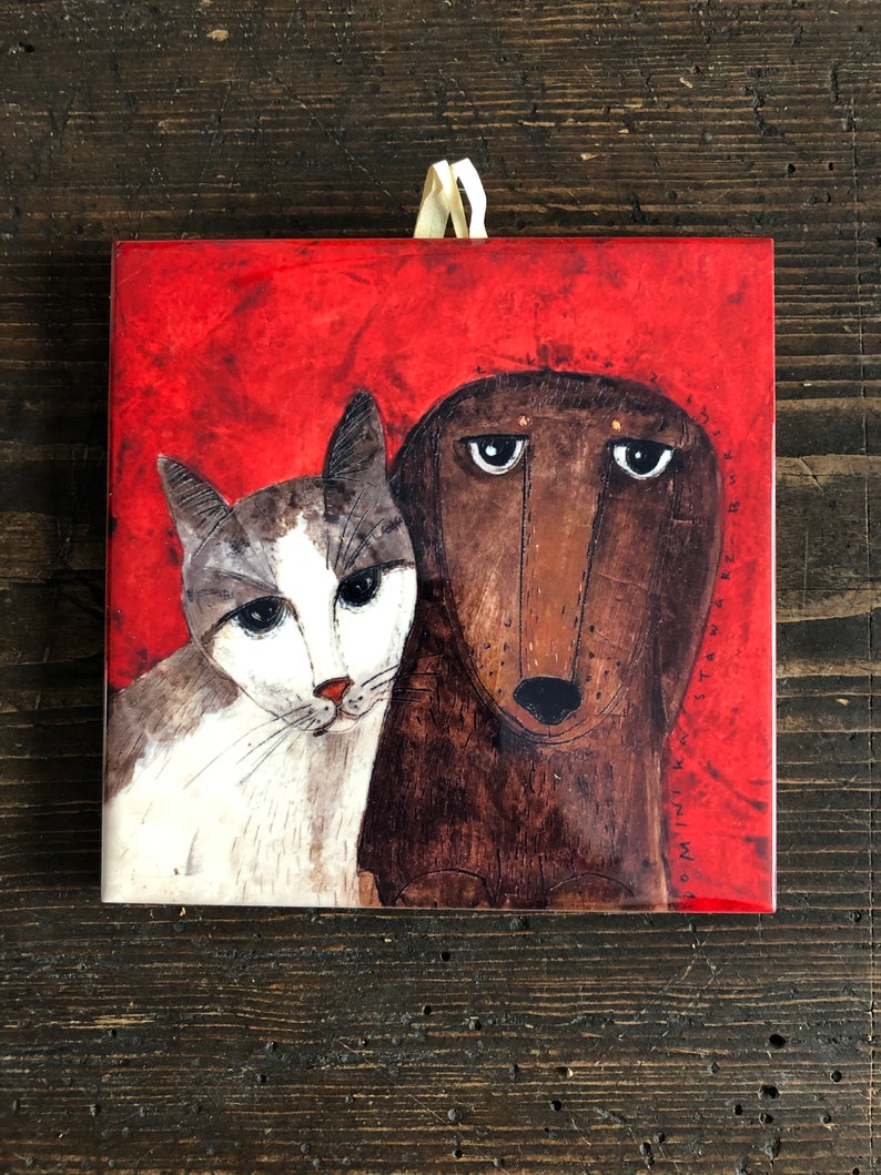 Cat & Dog - Friends, Ceramic Tile, Art Painting, Artistic Image - Etsy
