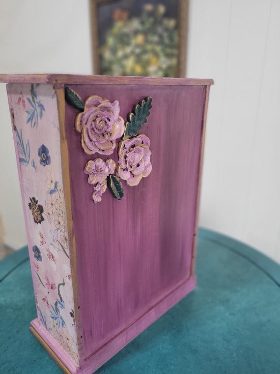Vintage, boho painted, large wood jewelry box - Gem