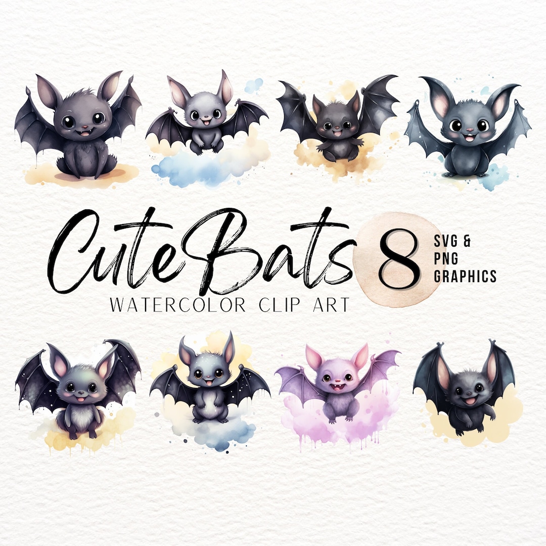 Bat Watercolor Clipart Bundle | Cute Bat PNG | Not Scary Halloween SVG ...