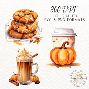 Pumpkin Spice Watercolor Clipart Bundle | Fall PNG | Coffee SVG | Fall ...