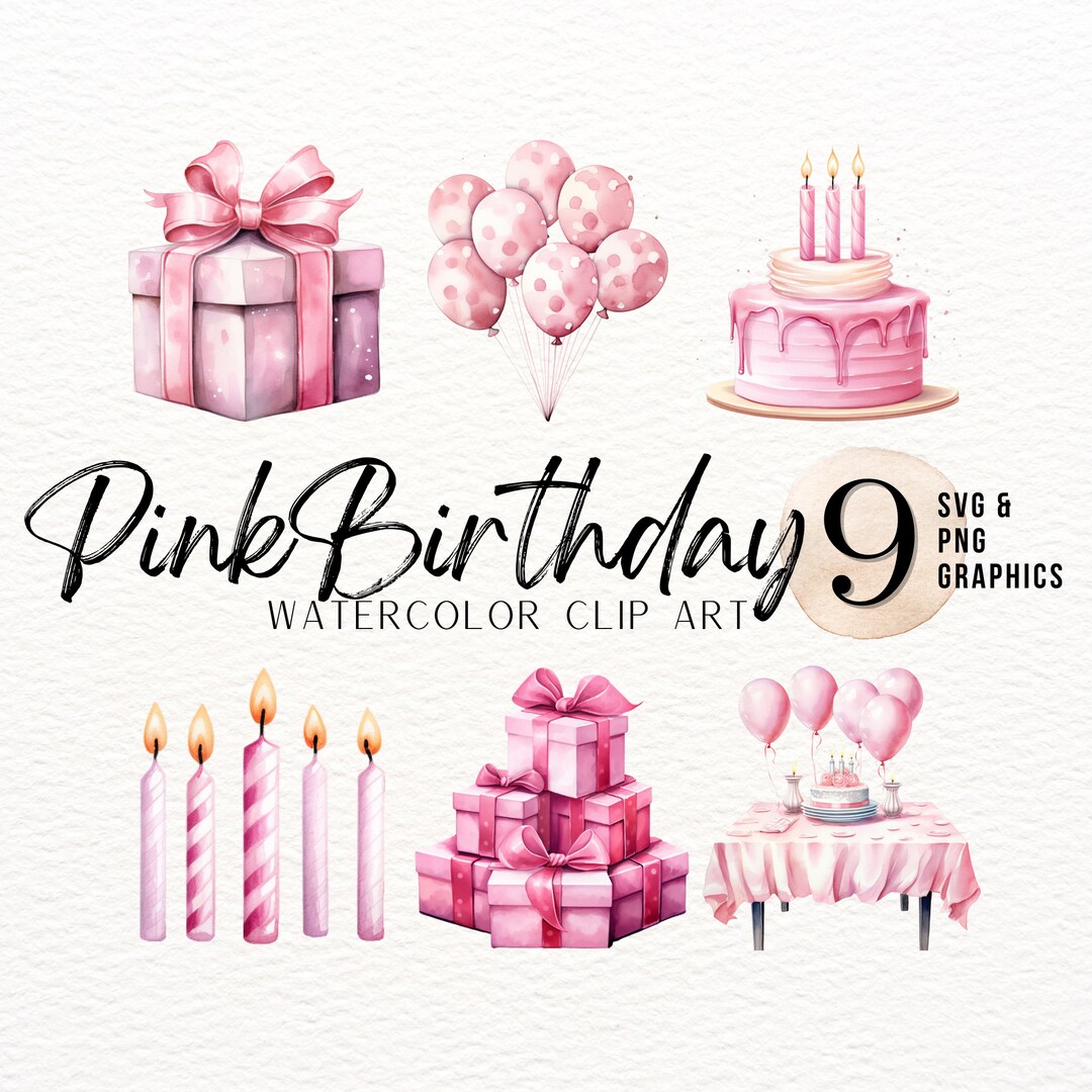 Pink Birthday Watercolor Clipart Bundle | Pink Cake PNG | Tiered Pink ...