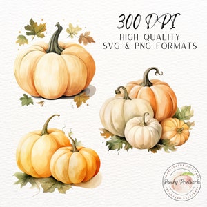 Neutral Fall Pumpkin Watercolor Clipart Bundle | Cream Pumpkin PNG ...