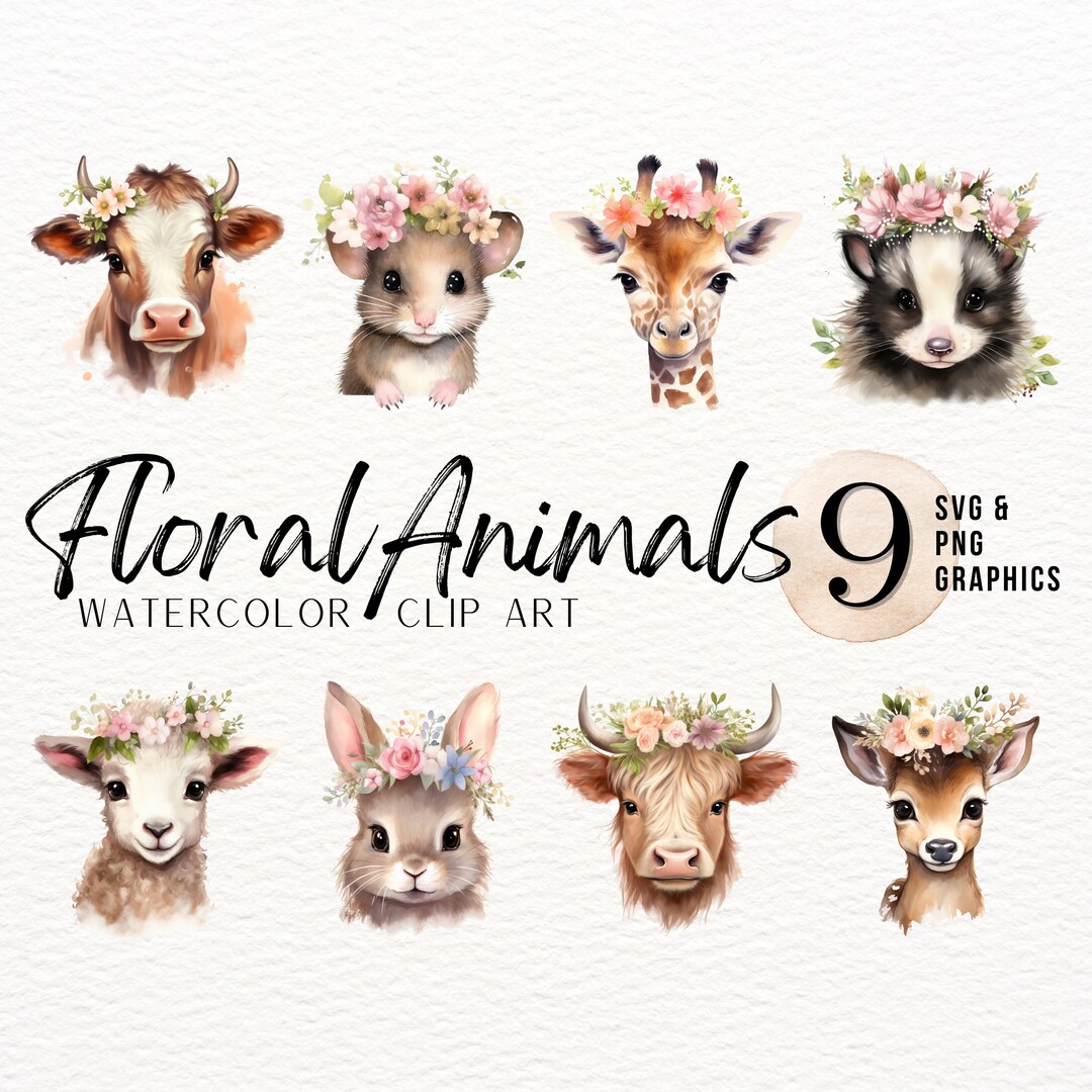 Cute Animal Watercolor Clip Art | Bunny SVG | Highland Cow PNG | Flower ...