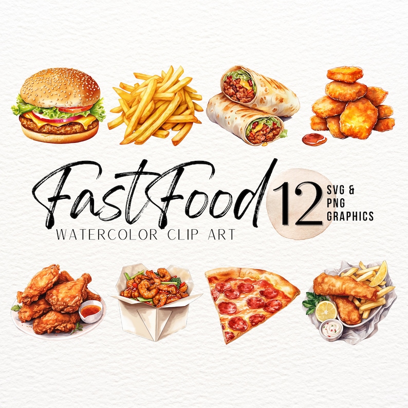 Fast Food Watercolor Clipart Pizza SVG Hamburger PNG - Etsy