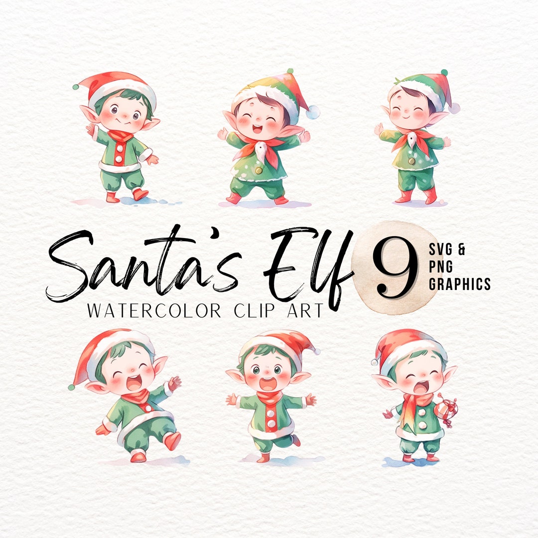 Santas Elf Watercolor Clipart | Holiday SVG | Winter PNG | Happy ...