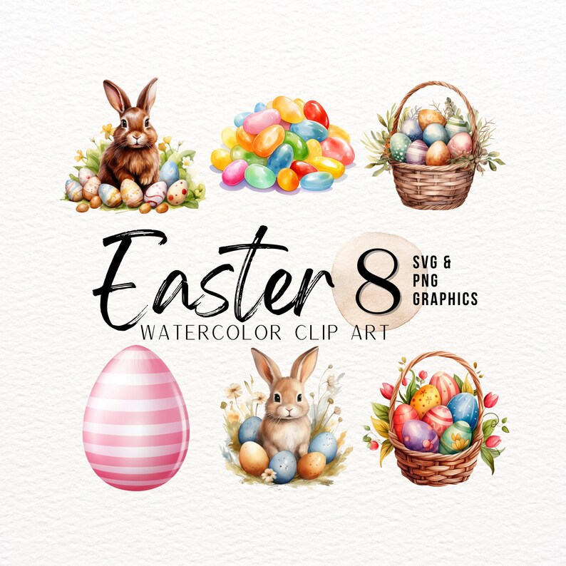 Easter Watercolor Clipart Bundle Easter Bunny PNG Easter Candy Basket ...