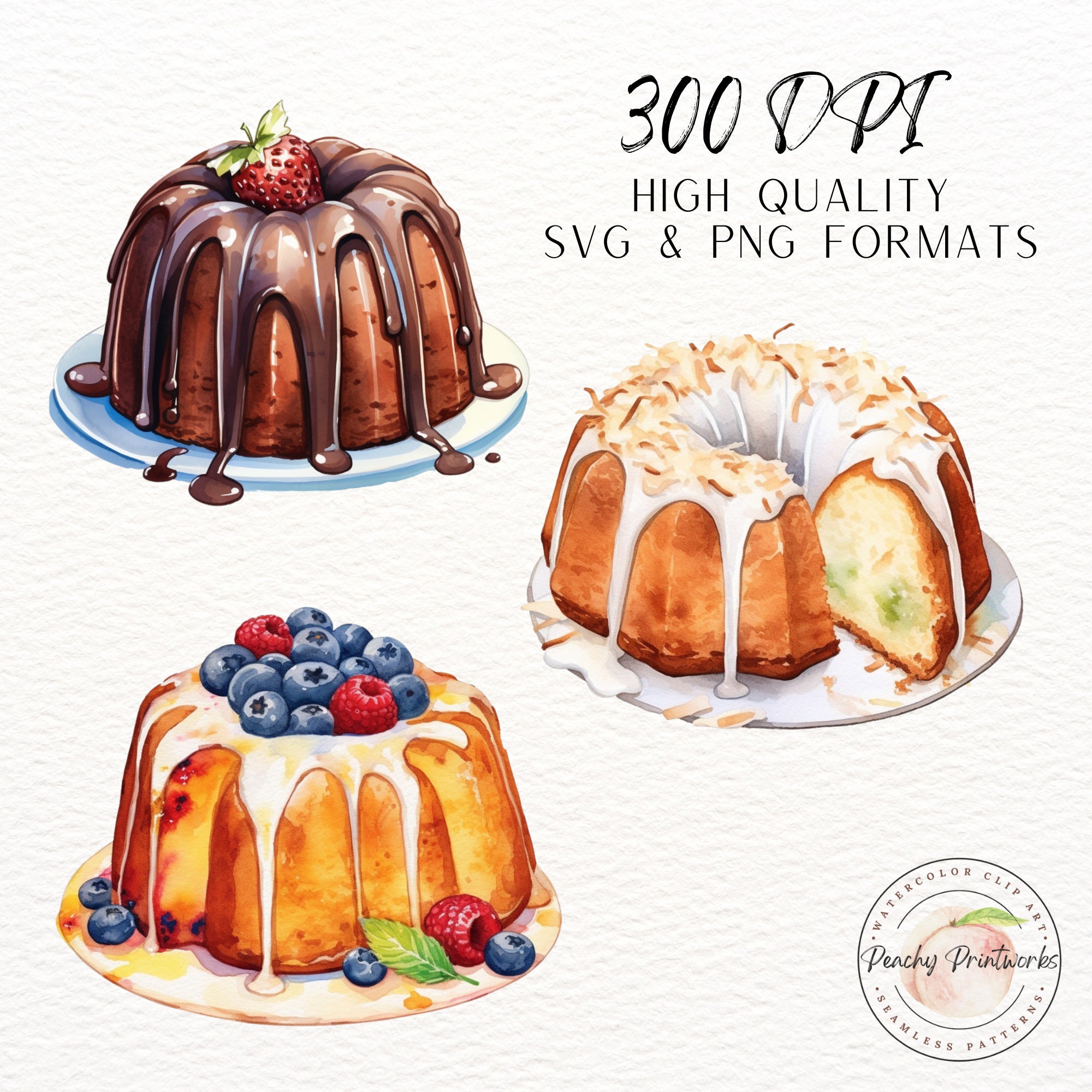 Bundt Cake Watercolor Clipart | Cake SVG | Bakery PNG | Baked Good ...
