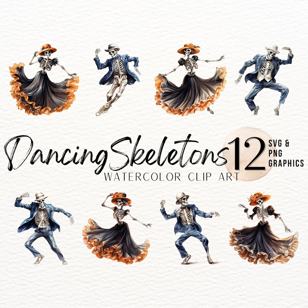 Dancing Skeletons Watercolor Clipart Bundle | Halloween PNG | Dance SVG ...