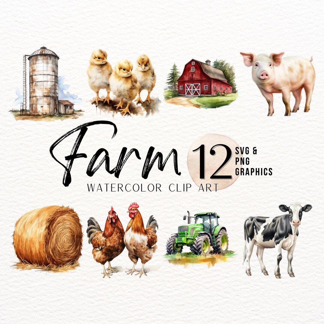 Farm Animal Watercolor Clip Art | Barn SVG | Hay Bale PNG | Farm Silo ...