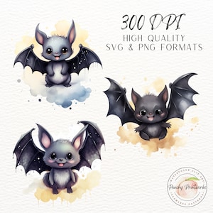 Bat Watercolor Clipart Bundle | Cute Bat PNG | Not Scary Halloween SVG ...