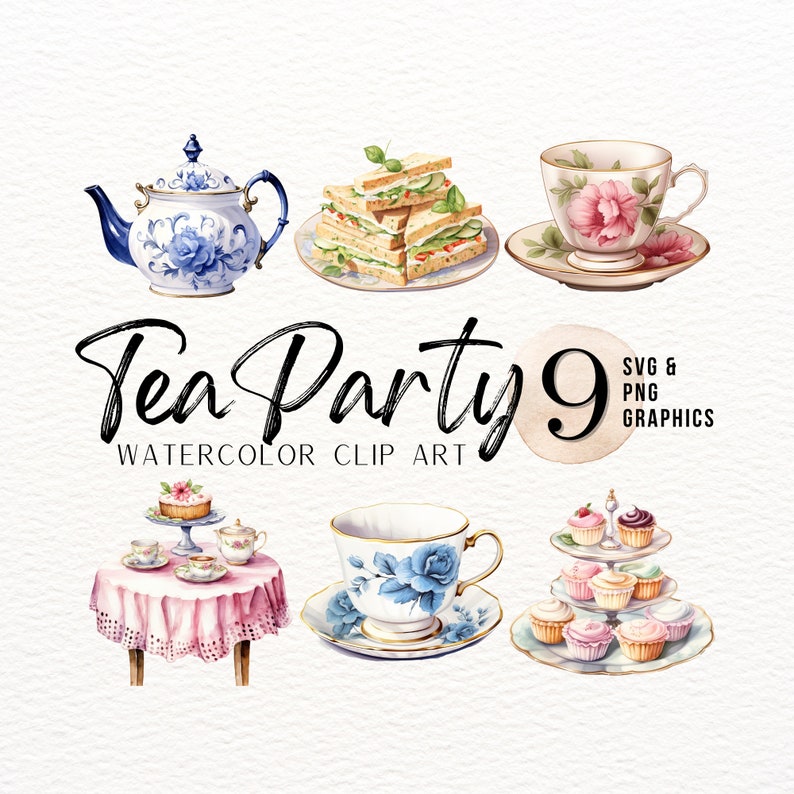 Tea Party Watercolor Clipart Bundle Floral PNG Graphic - Etsy