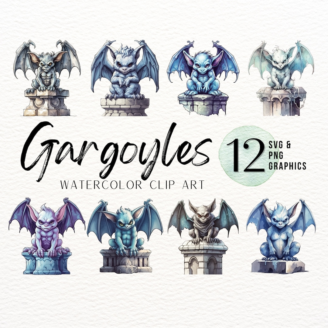 Gargoyle Watercolor Clipart Bundle Cute Monster PNG Happy - Etsy