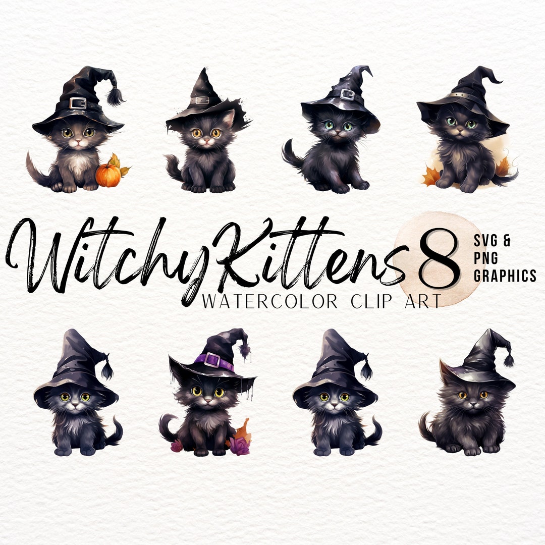Kitten Witch Watercolor Clipart Bundle | Magic Cat PNG | Cute Halloween ...