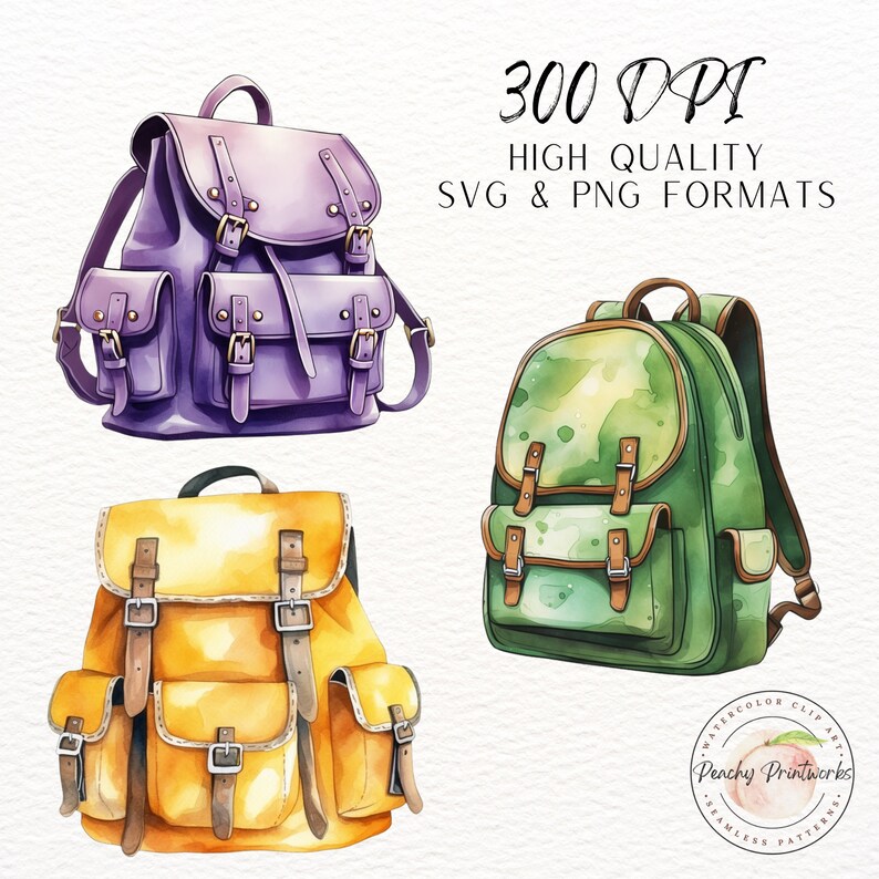 Backpack Watercolor Clipart Bundle | Back to School PNG | Hiking SVG ...