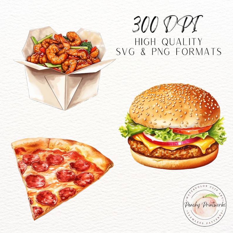 Fast Food Watercolor Clipart Pizza SVG Hamburger PNG - Etsy