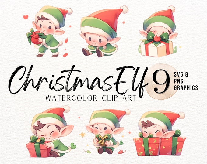 Happy Christmas Elf Watercolor Clipart | Holiday SVG | Winter PNG ...