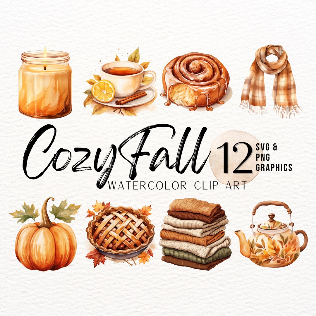 Cozy Fall Watercolor Clipart Bundle | Hot Tea PNG | Cocoa SVG | Fall ...